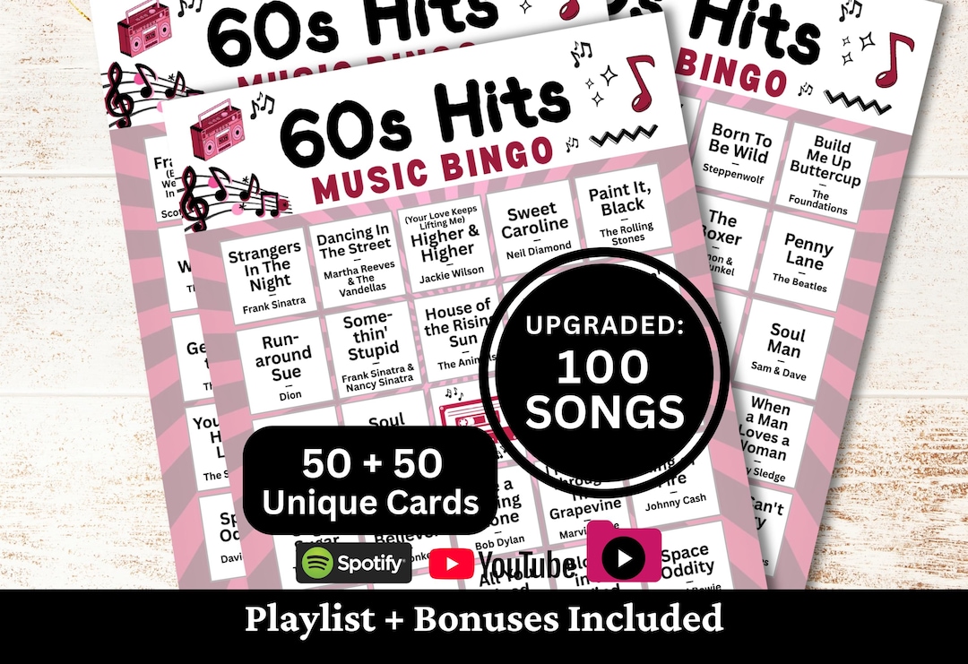 60s Hits Music Bingo, 50 Cards, 100 Songs Playlists Included, Printable ...
