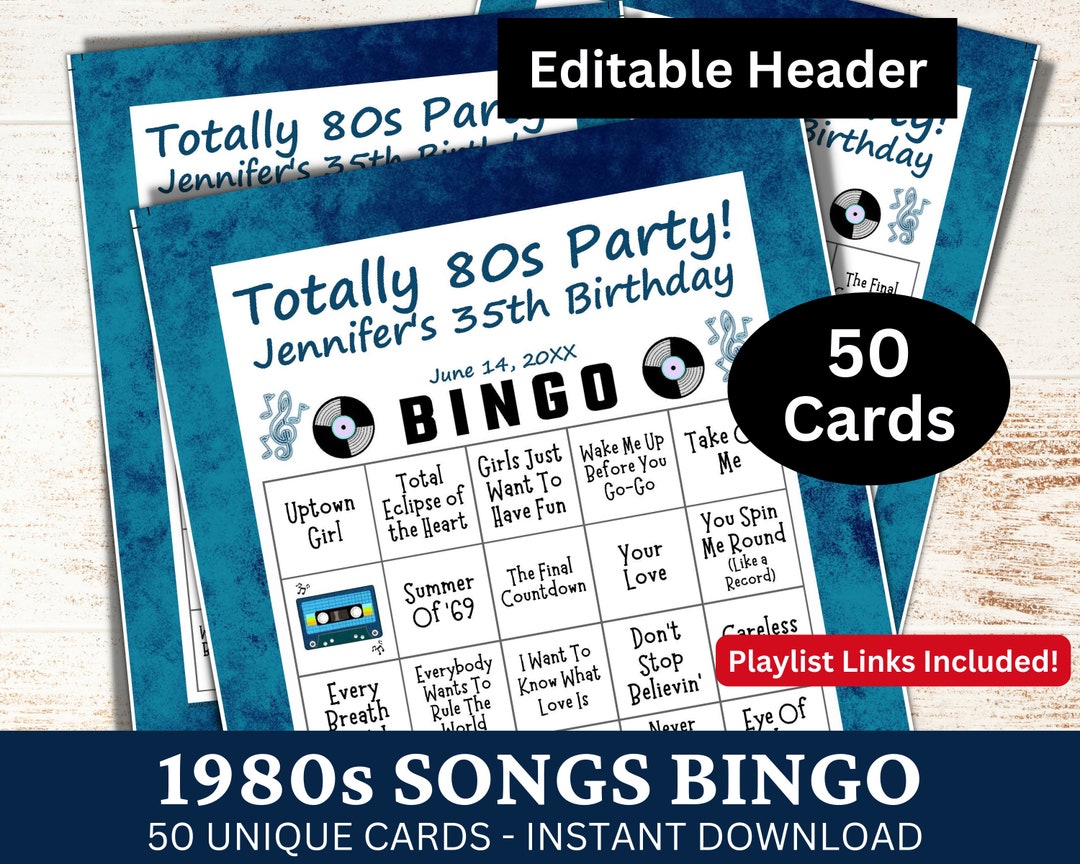Editable Header Classic 80s Songs Bingo, Birthday PDF for Retro Lovers ...