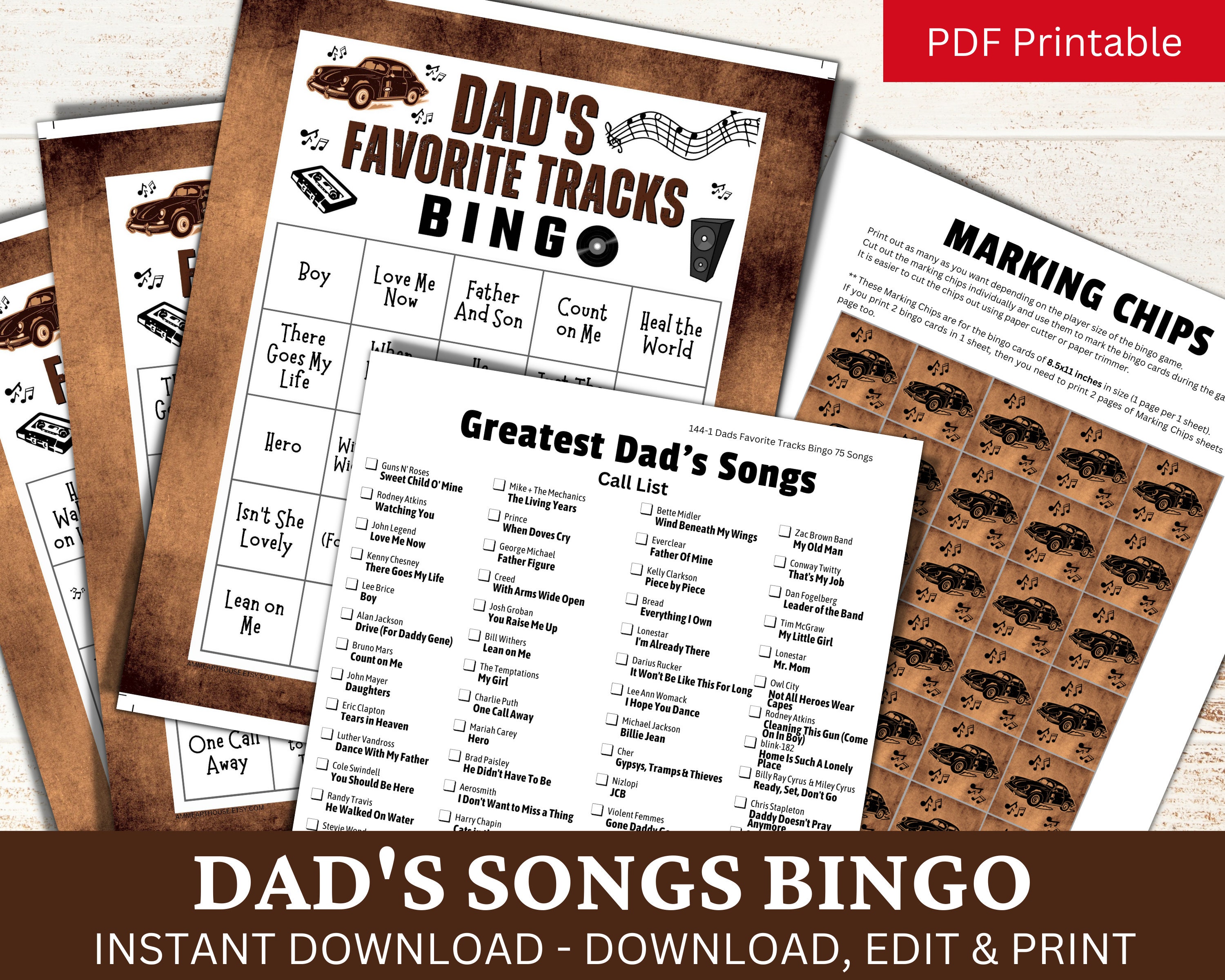 Dad's Songs Bingo Game 100 Card, Daddy Birthday Theme Gathering ...