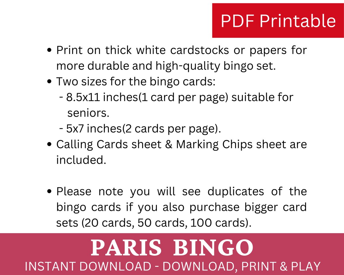 50 Paris Bingo Game Card, Fun Travel Theme Birthday Party Activity ...