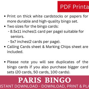 50 Paris Bingo Game Card, Fun Travel Theme Birthday Party Activity ...