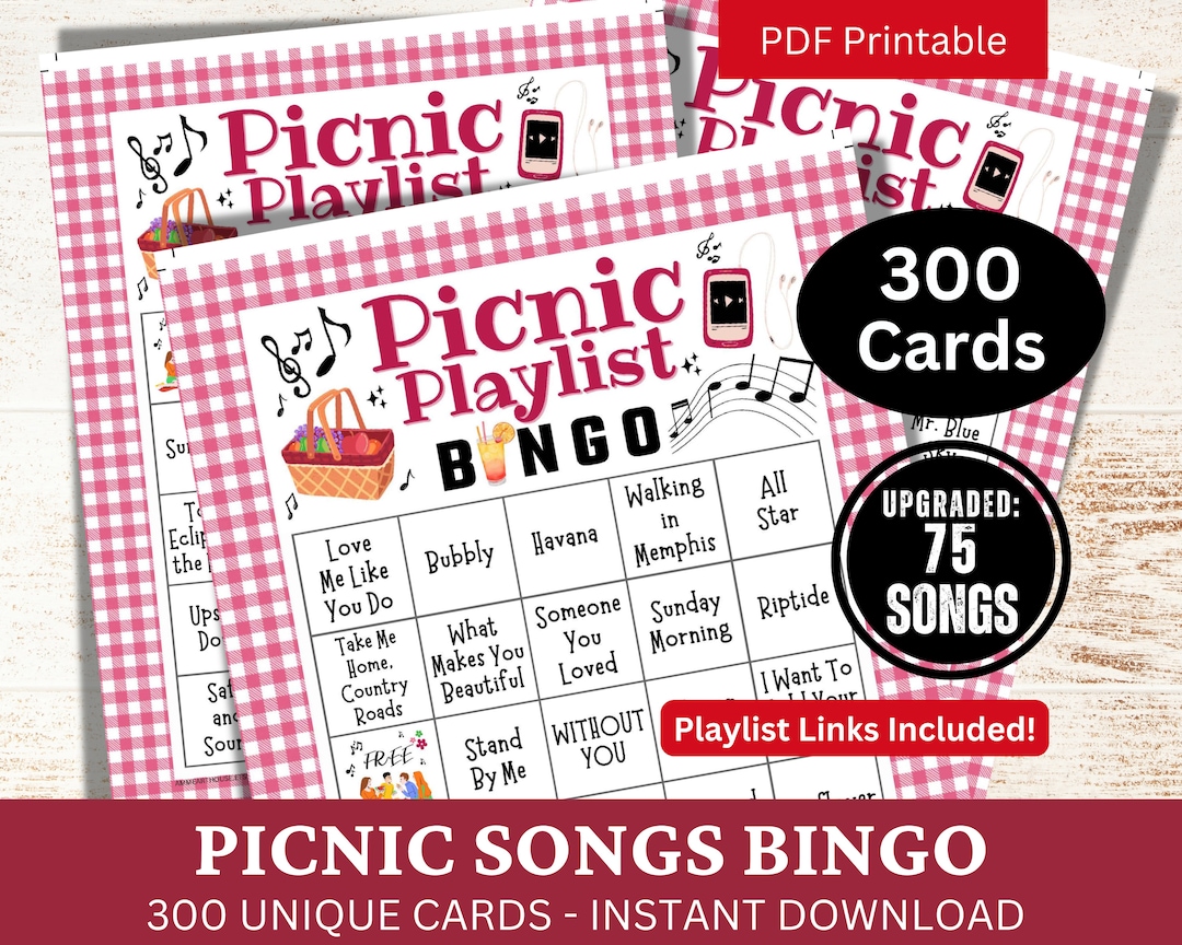 Picnic Songs Bingo 300 Card, BBQ Gathering Printable Activity for Adult ...