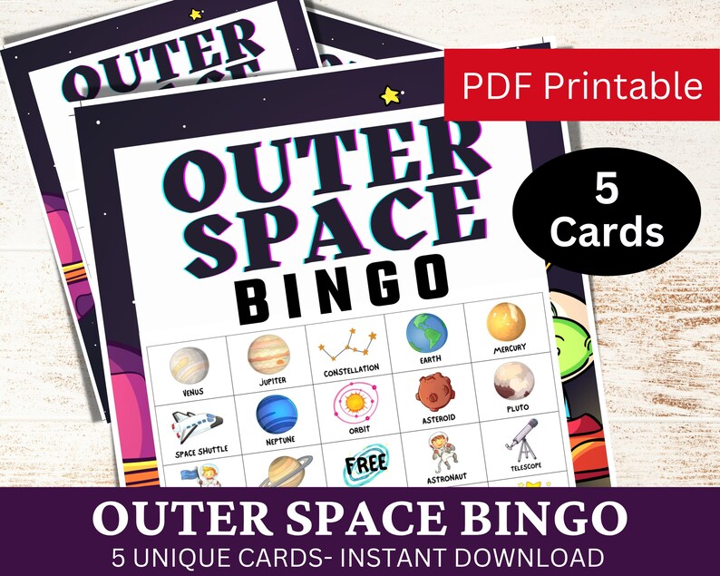 5 Outer Space Bingo Game Card, Fun Solar System Theme Party Activity ...