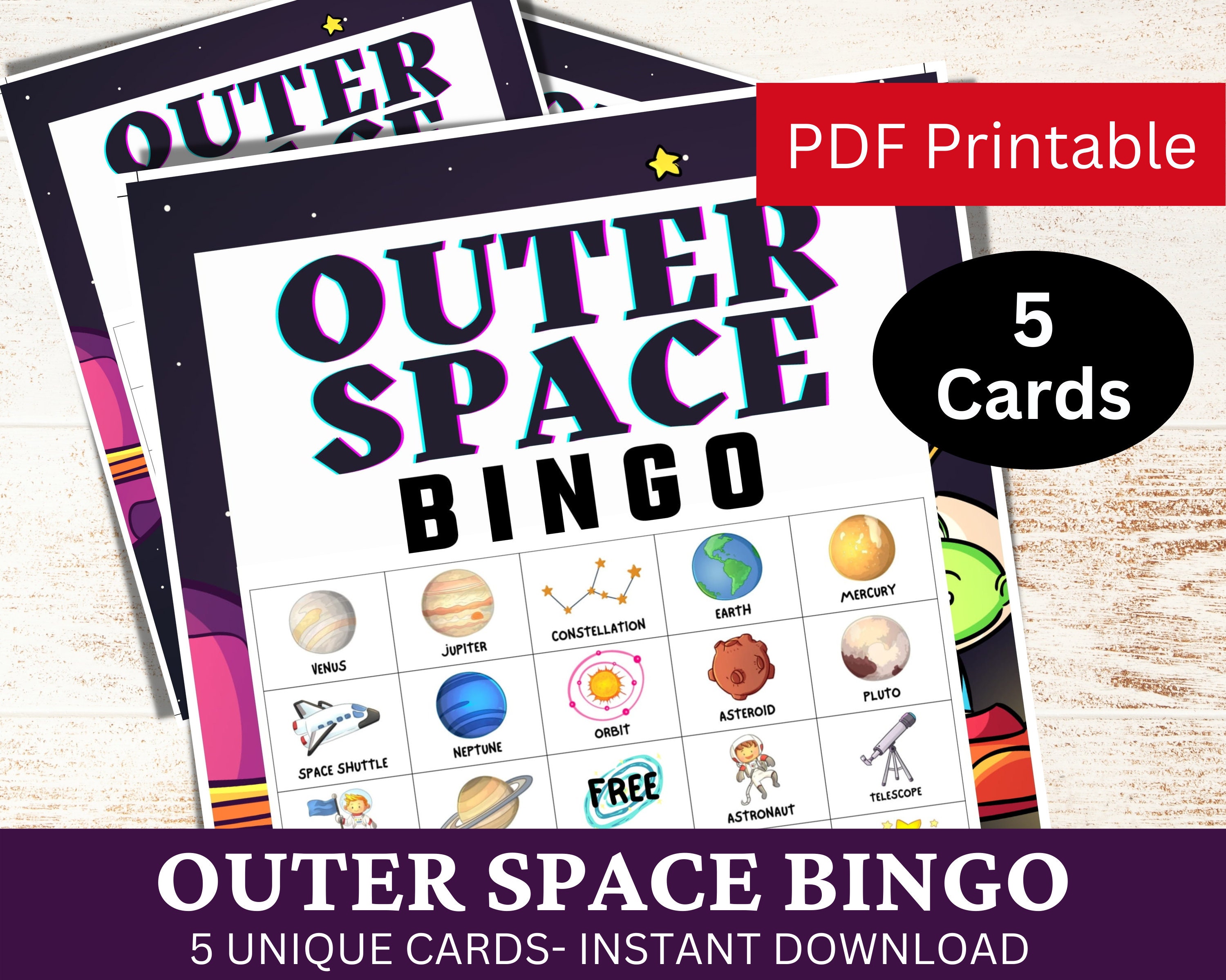 5 Outer Space Bingo Game Card, Fun Solar System Theme Party Activity ...
