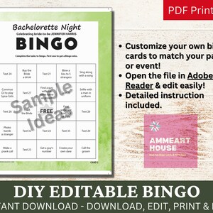 50 Editable Bingo Watercolor Green Template PDF, DIY Fillable Game ...