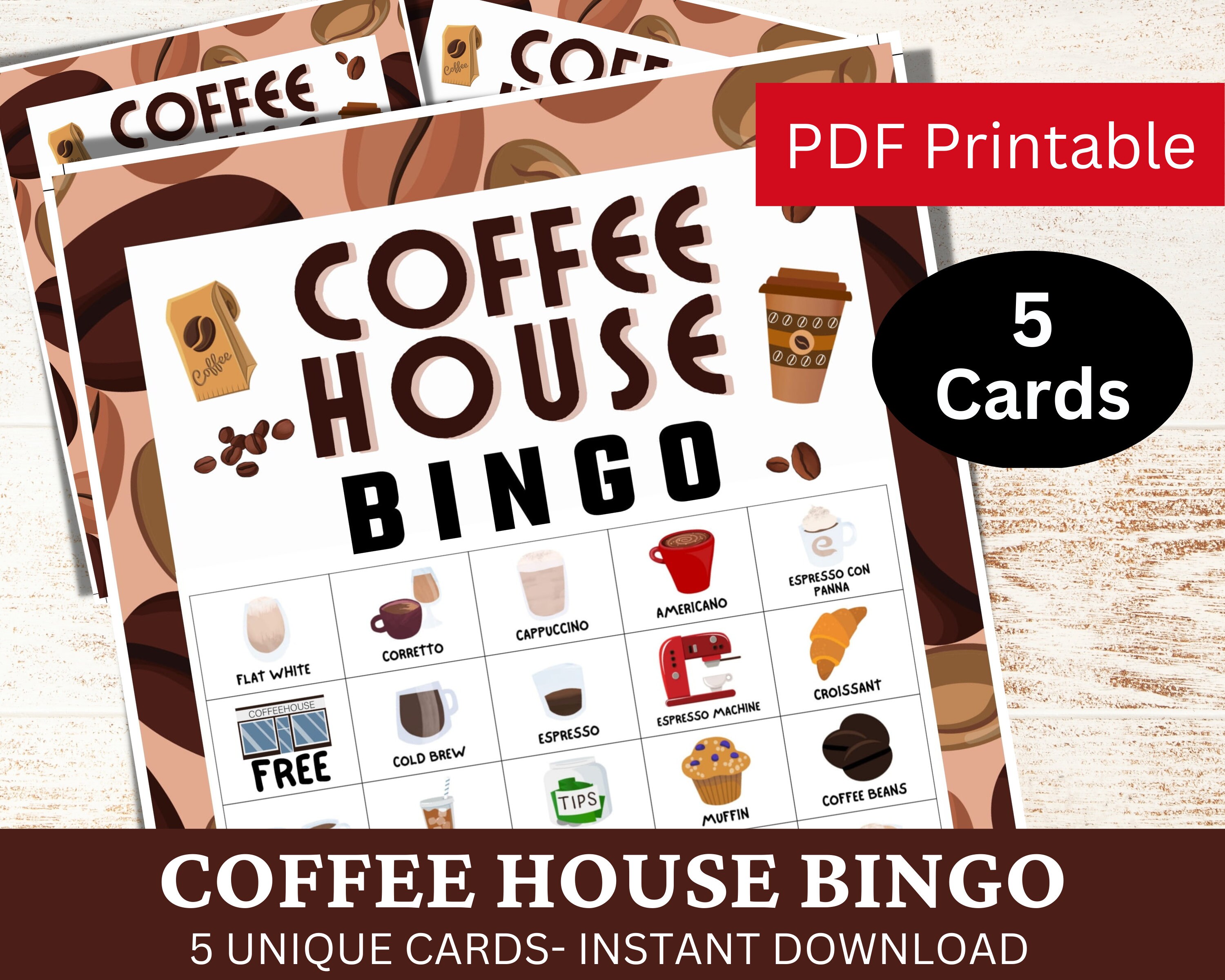 5 Coffee House Bingo Game Card, Fun Coffee Shop Theme Birthday Party ...