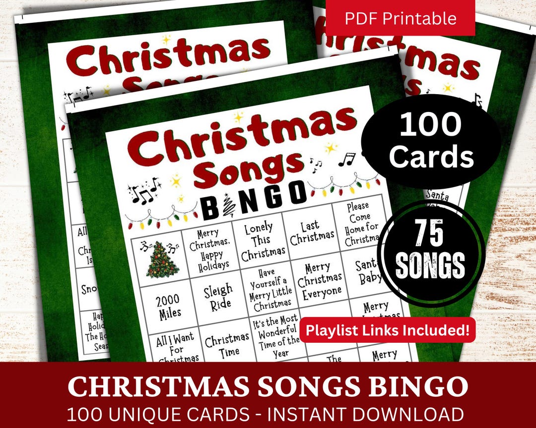 Christmas Songs Bingo 100 Cards, Winter Work Gathering Game Printable ...