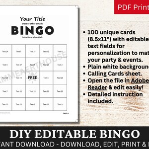 100 Editable Word Bingo Plain Template PDF, DIY Fillable Printable Game ...