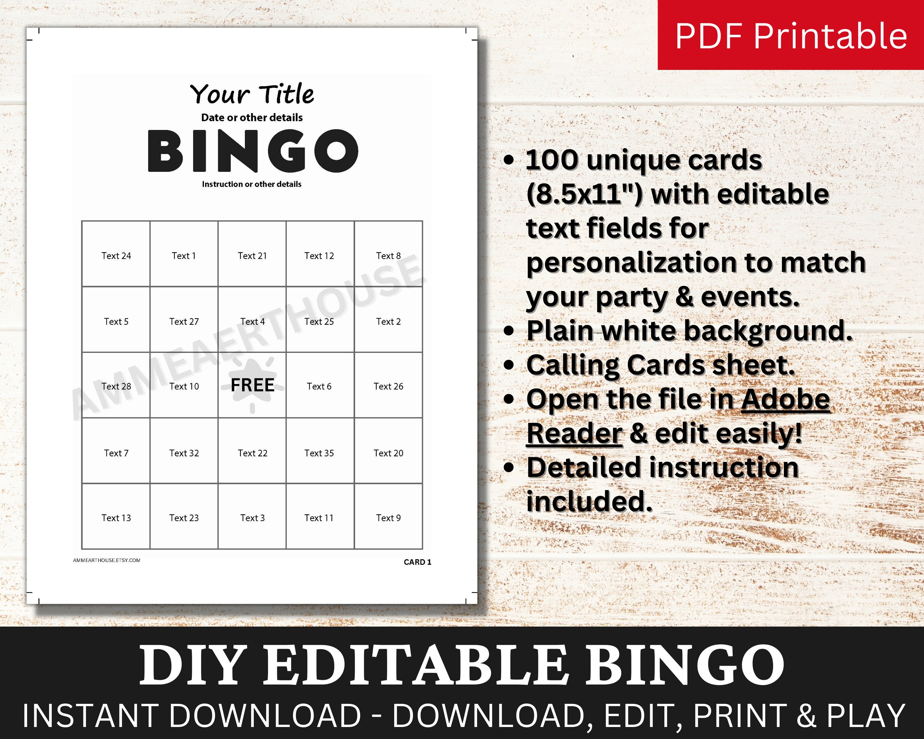 100 Editable Word Bingo Plain Template PDF, DIY Fillable Printable Game ...