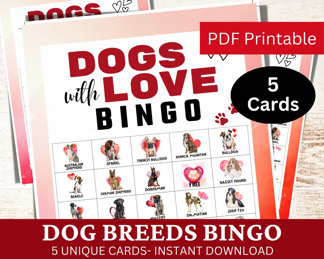 5 Dog Breeds Bingo Game Card, Dogs With Love Watercolor Theme Party ...