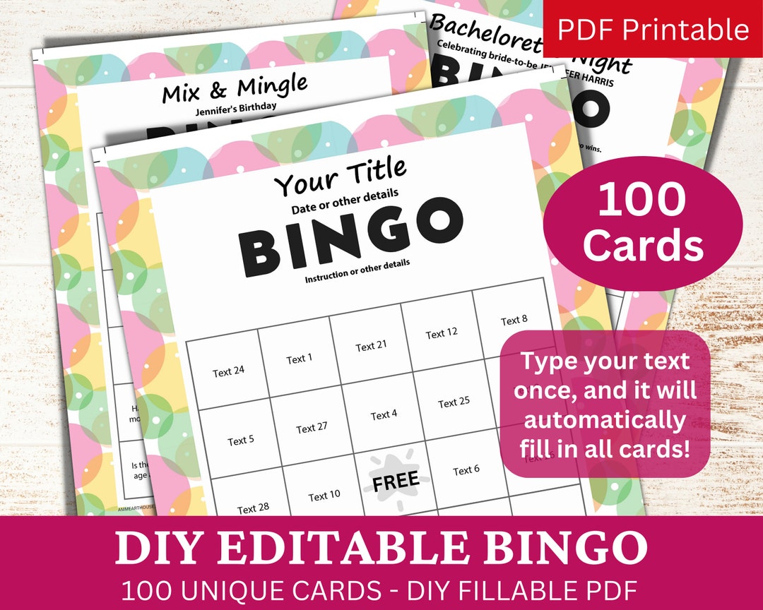 100 Editable Bingo Colorful Pastel Themed Template PDF, DIY Fillable ...