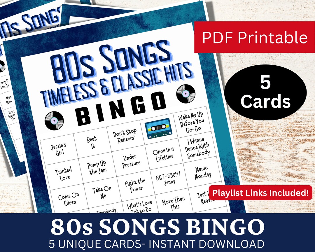 5 Classic 80s Songs Bingo Game Cards, Timeless Music Party Activity ...