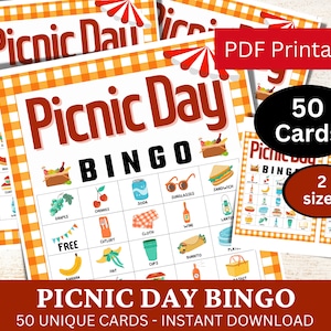 50 Picnic Day Bingo Game Card, Family Reunion Activity, Fun Birthday ...