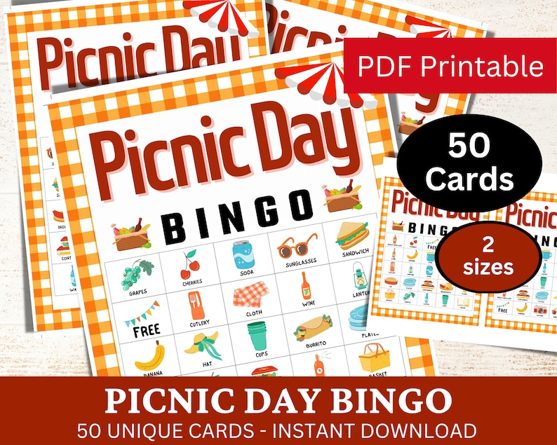 50 Picnic Day Bingo Game Card, Family Reunion Activity, Fun Birthday ...