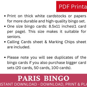 5 Paris Bingo Game Card, Fun Travel Theme Birthday Party Activity, Love ...