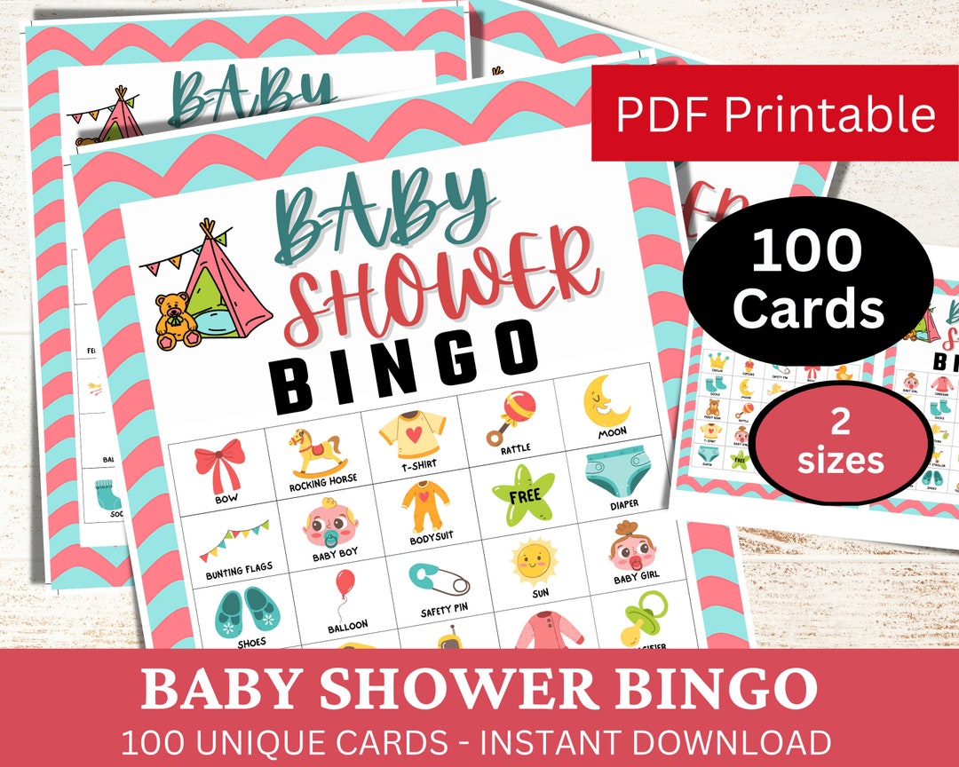 100 Baby Shower Bingo Game Cards, Pink Blue Theme Bingo Activity, Girl ...