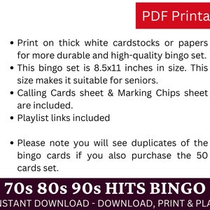 5 Decades of Hits Bingo, 70s 80s 90s Songs Game Cards for Party ...