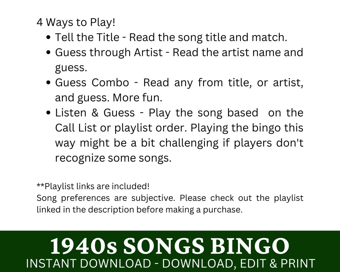 1940s Songs Bingo 50 Cards, 40s Music Bingo With Playlist for Senior ...