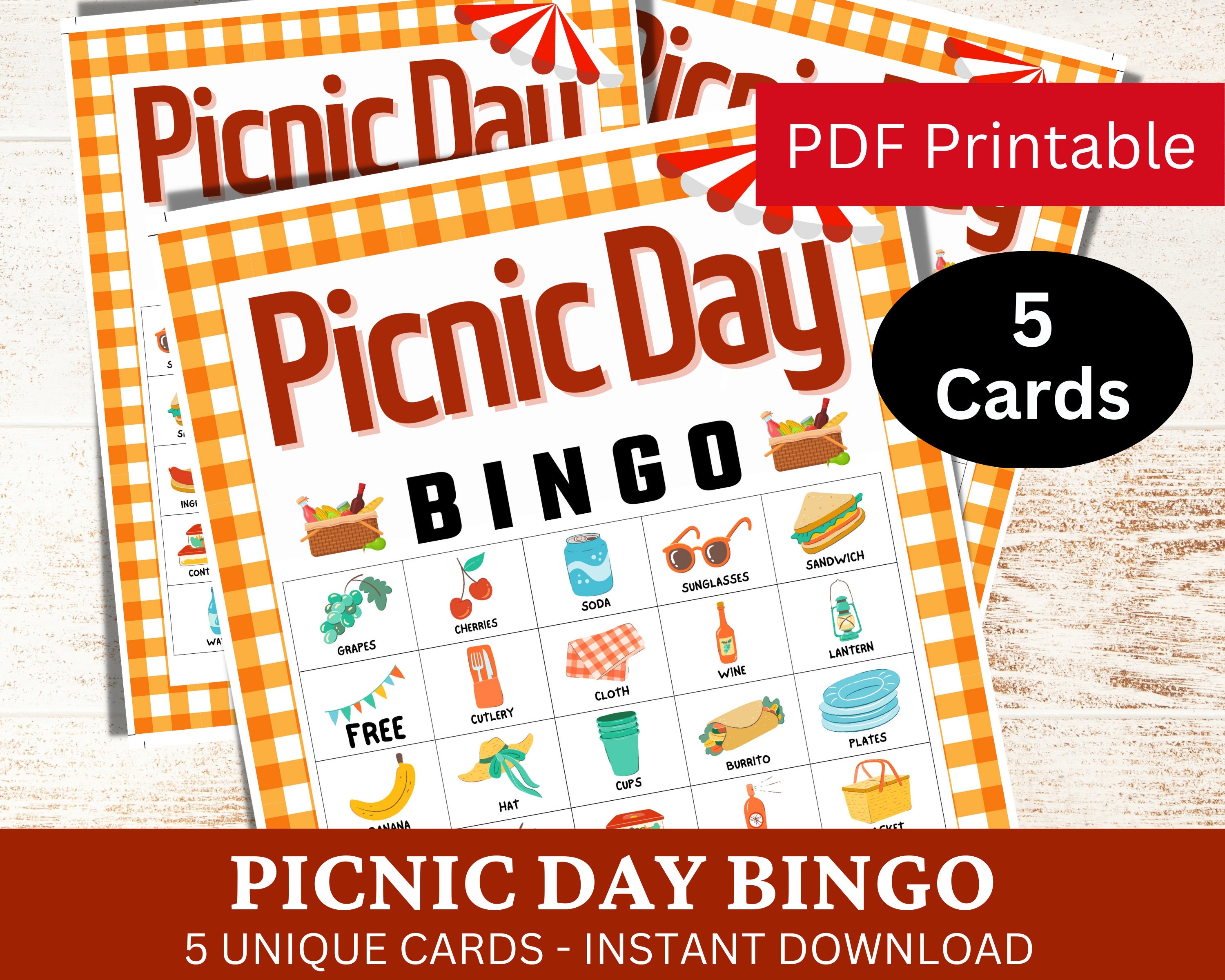 5 Picnic Day Bingo Game Card, Family Reunion Activity, Fun Birthday ...