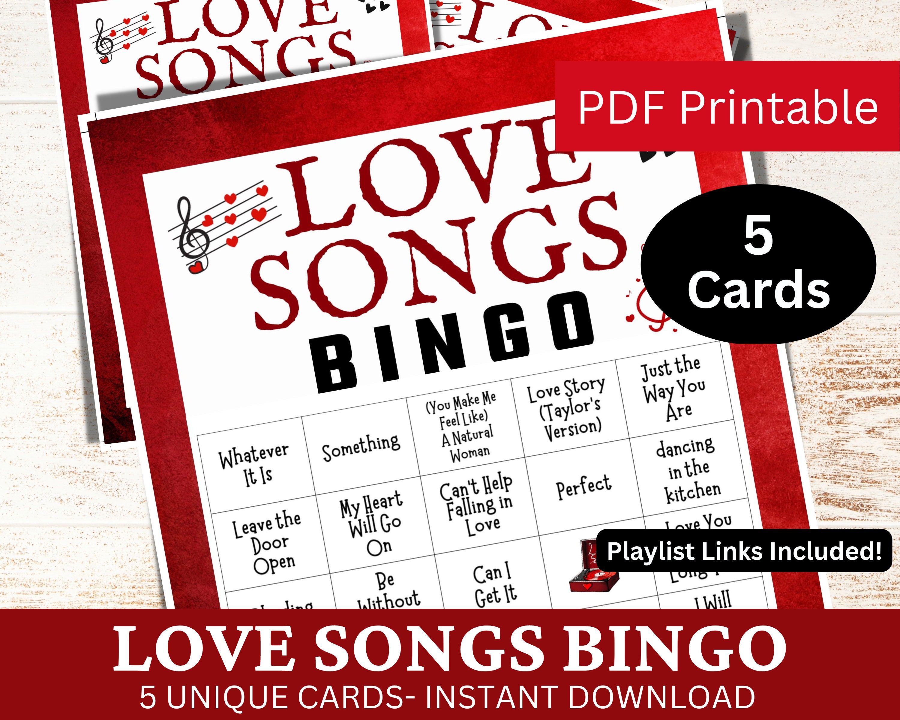 5 Love Songs Bingo Game Cards, Romance Pop Music Party Activity, Family ...