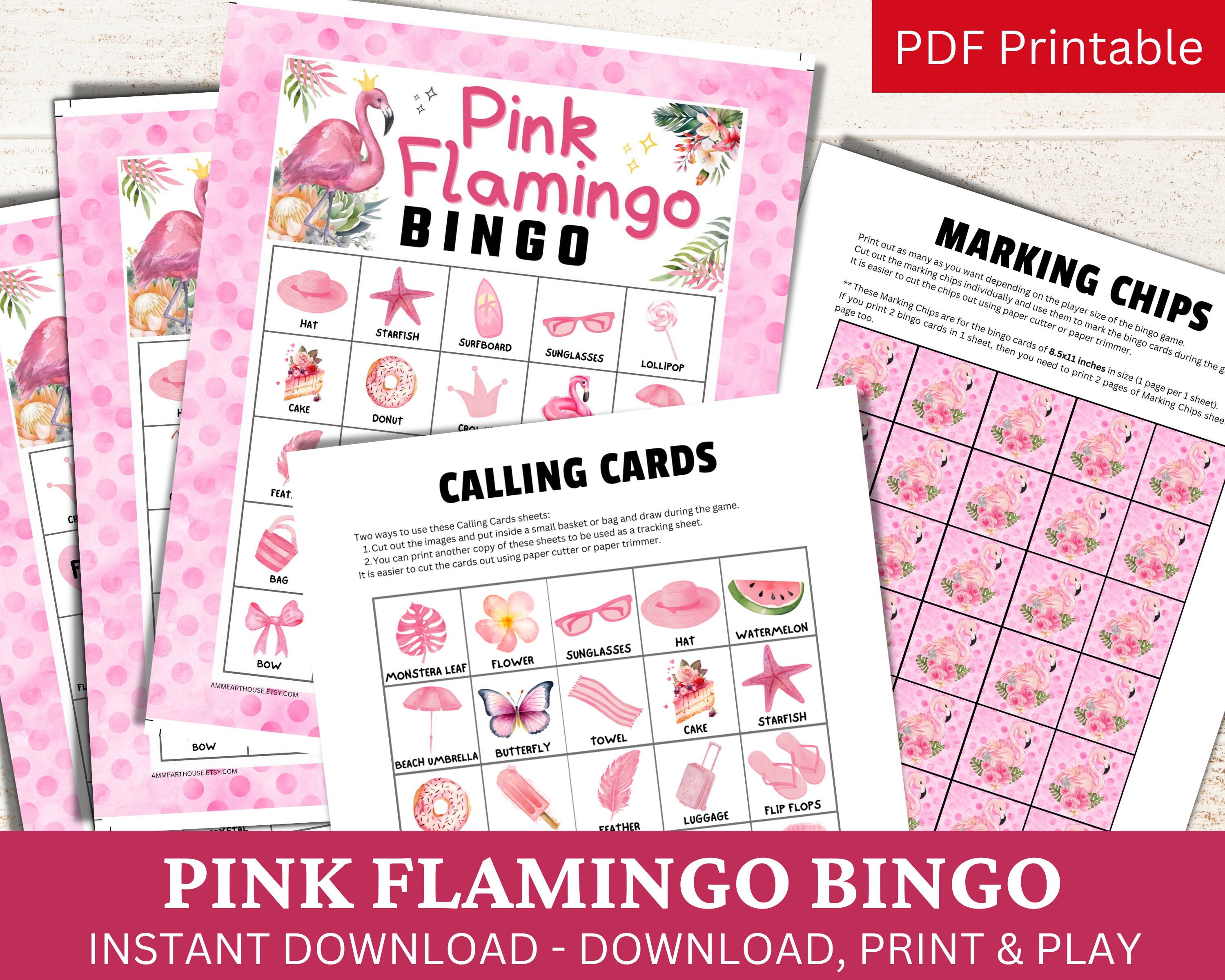 100 Pink Flamingo Watercolor Bingo Game, Tropical Summer Theme Birthday ...
