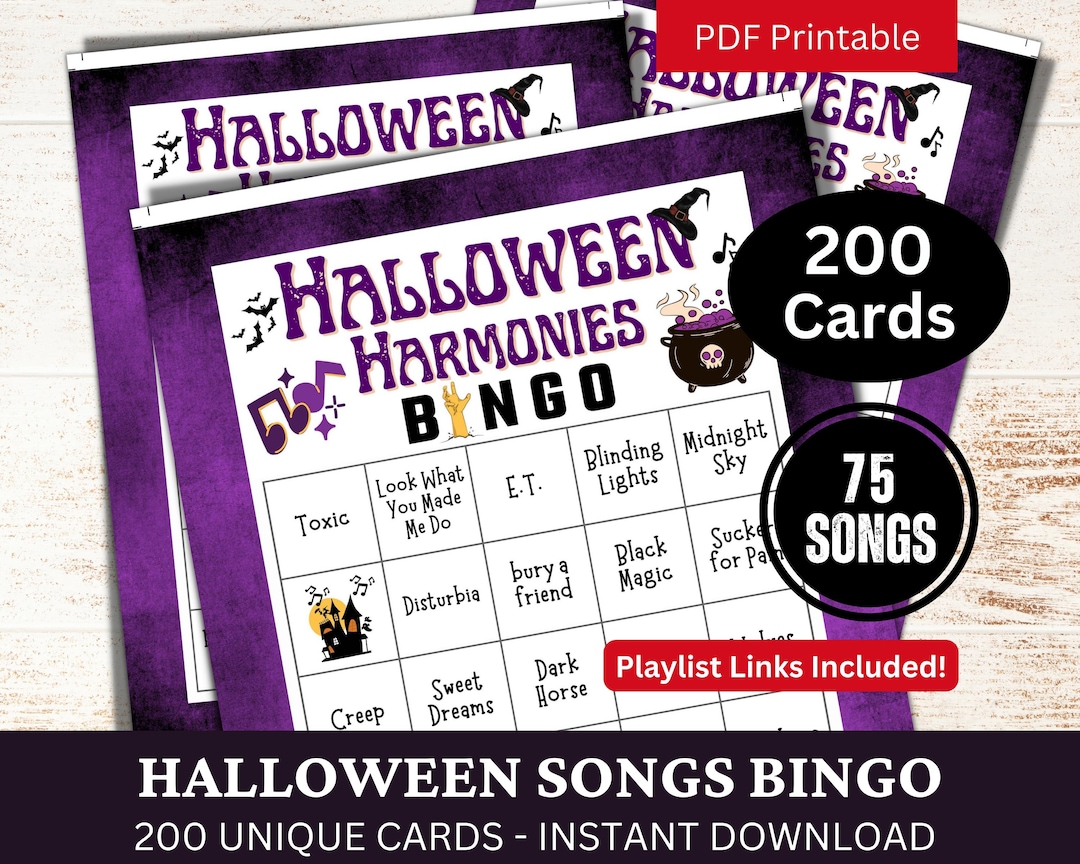 Halloween Songs Bingo 200 Cards, Work Holiday Bingo Party, October ...