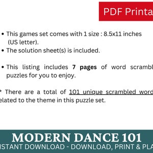 7 Modern Dance Themed Word Scramble Puzzle Games, Contemporary Move ...