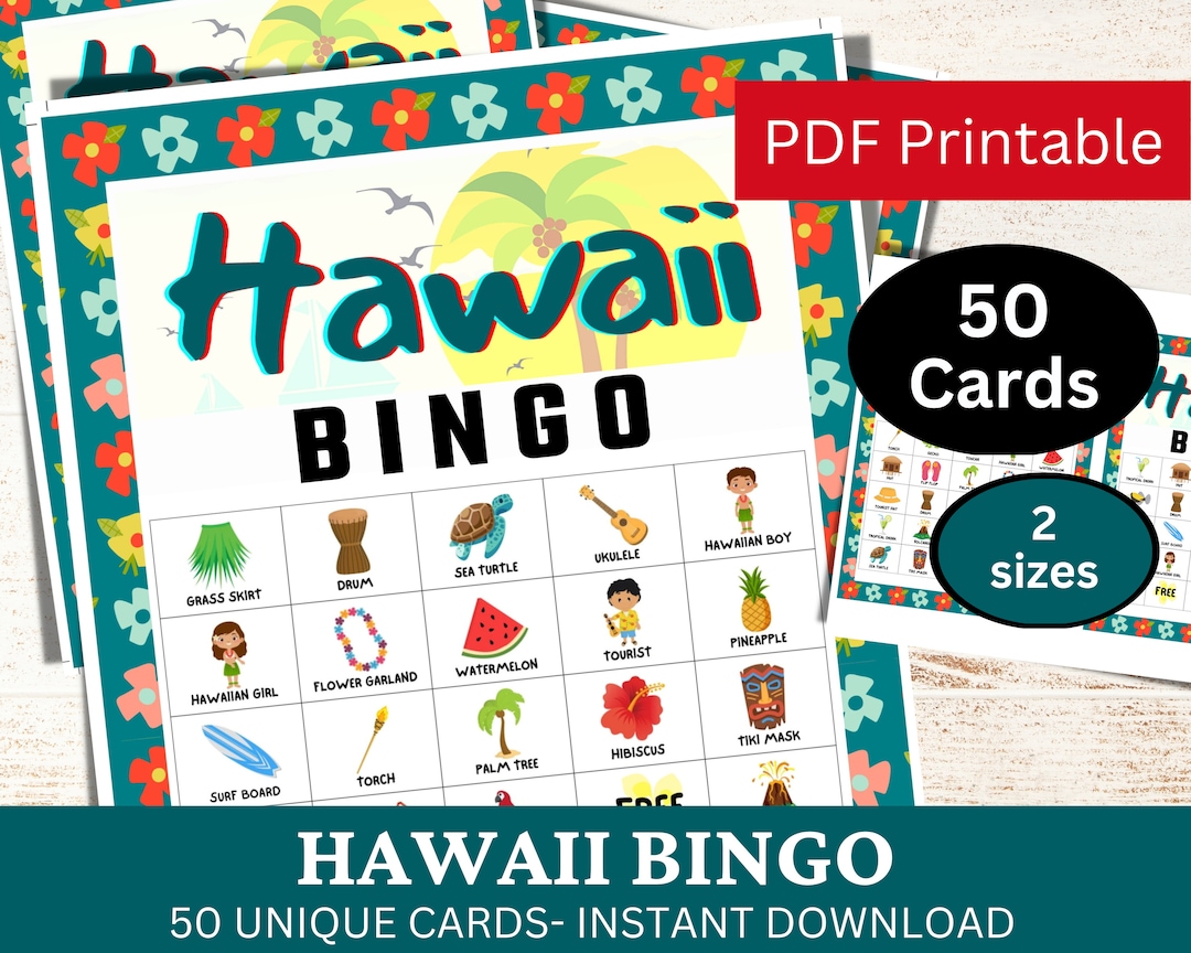 50 Hawaii Bingo Game Card, Fun Travel Theme Birthday Activity, Summer ...