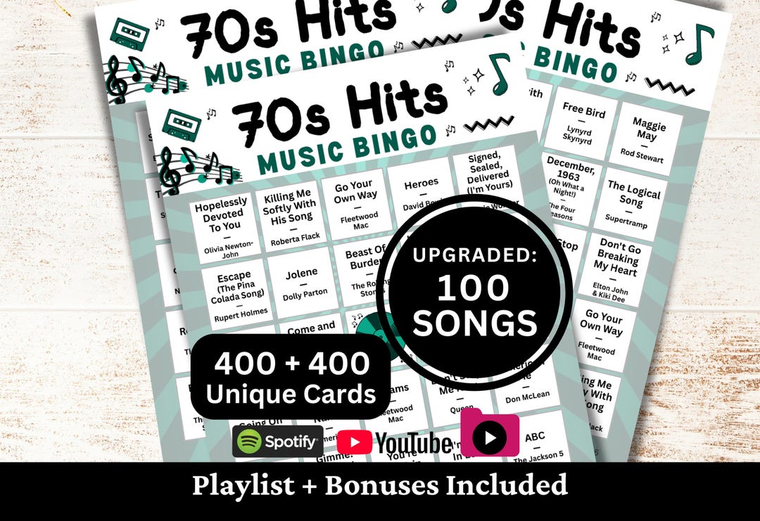 70s Hits Music Bingo, 400 Cards, 100 Songs Playlists Included ...
