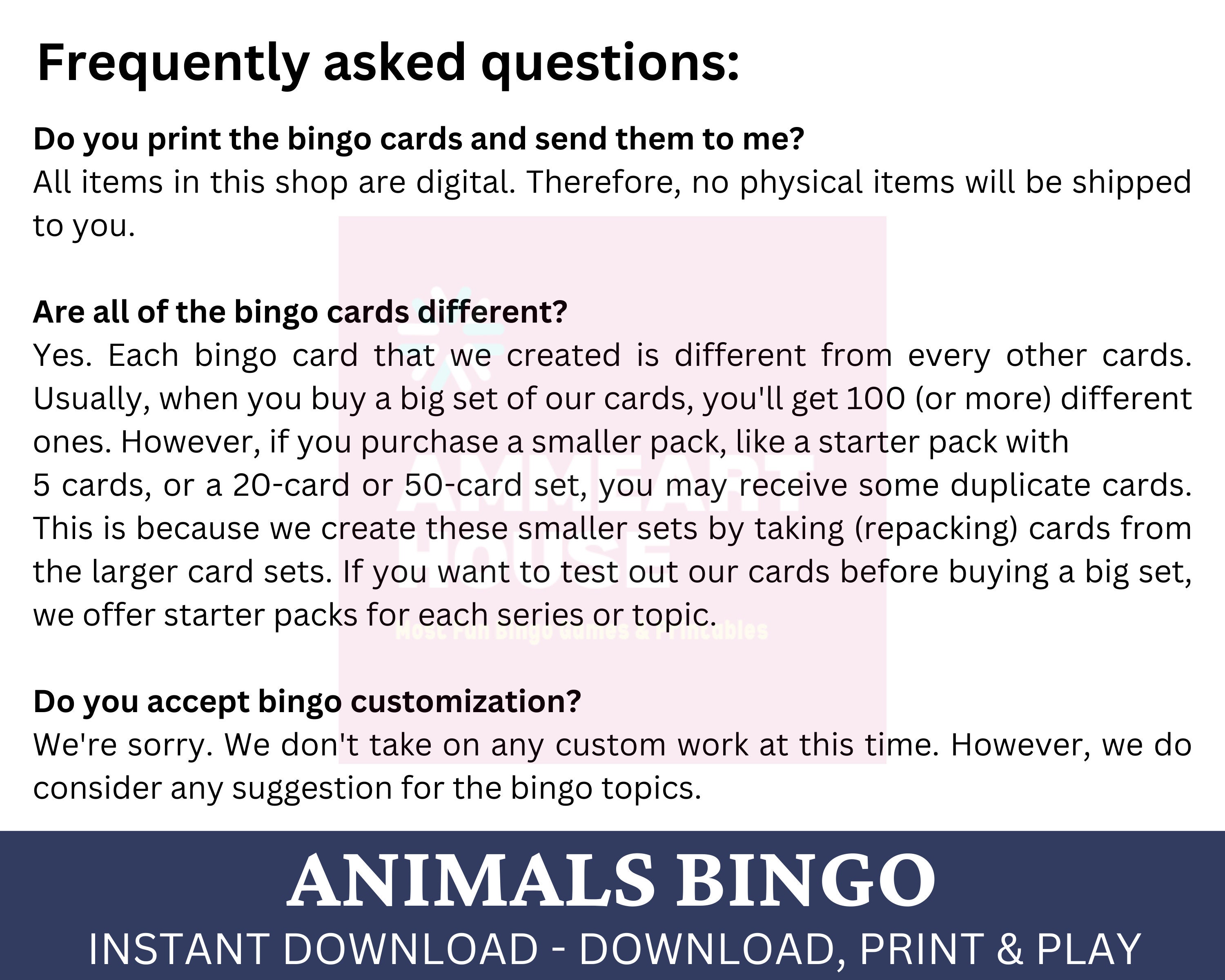 50 Animals Bingo Game Card, Fauna Theme Party Activity for Classroom ...