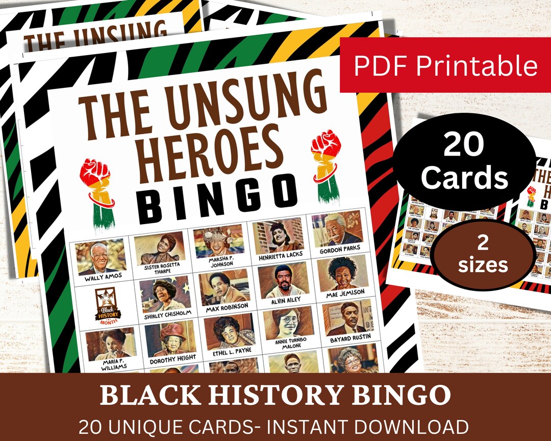 20 Unsung Heroes Bingo Game Card, Black History Month Theme Class Party ...