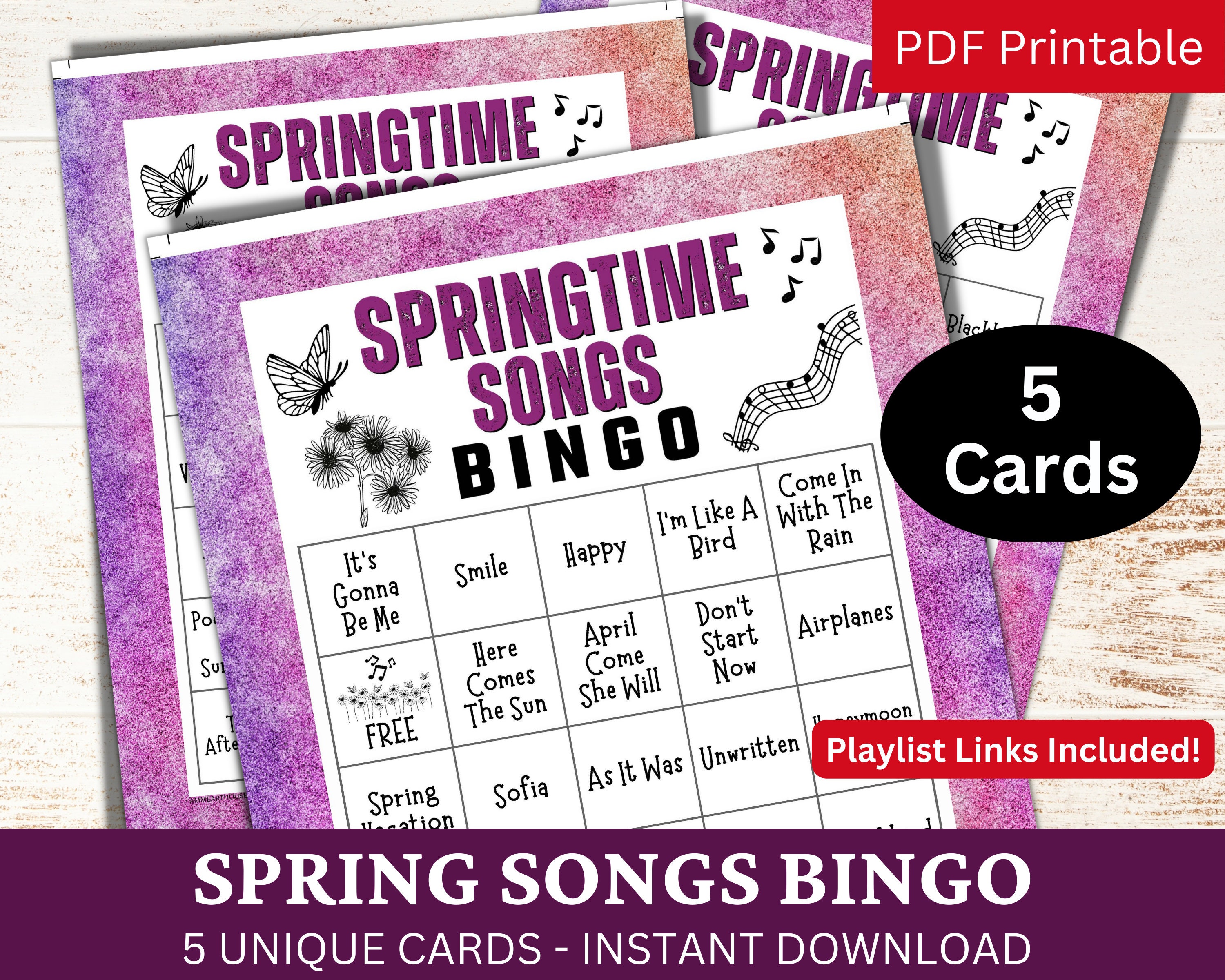 5 Springtime Songs Bingo Game Card, Spring Garden Music Game, Themed ...