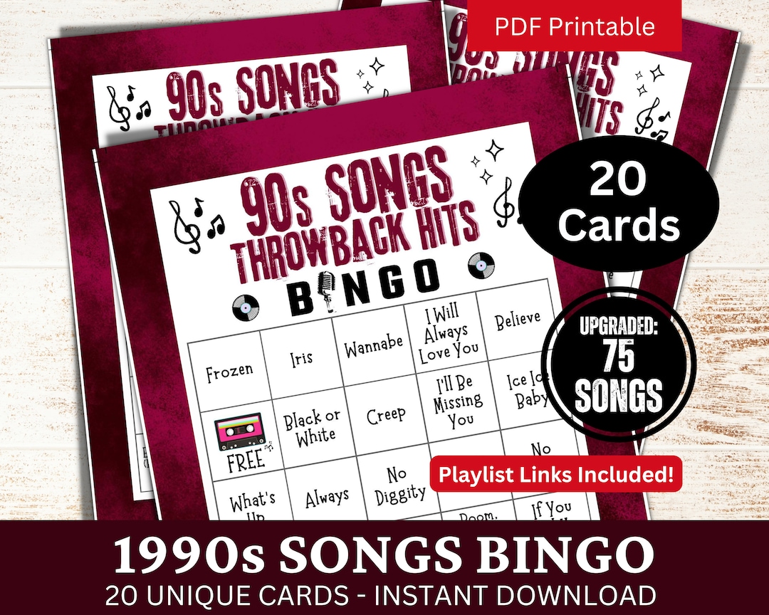 Throwback 90s Songs Bingo 20 Cards, 1990s Timeless Music Activity With ...