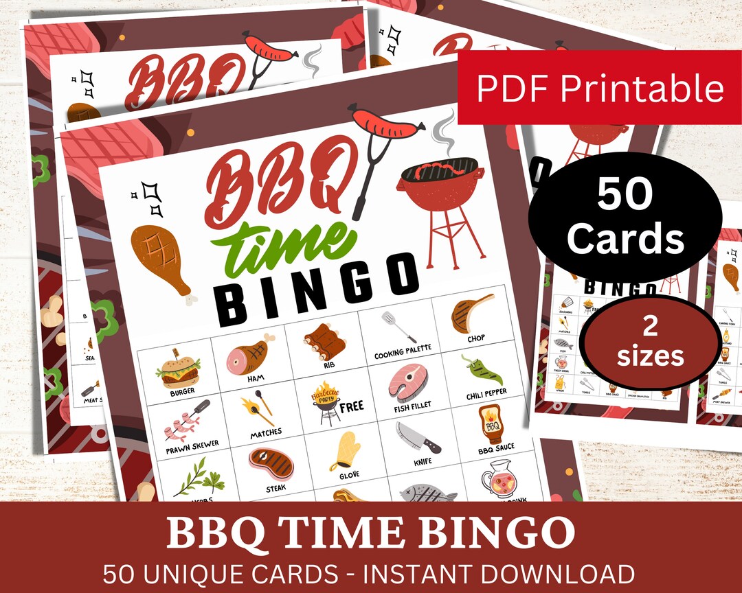 50 BBQ Time Bingo Game Cards, Barbecue Party Family Bingo, Summer ...