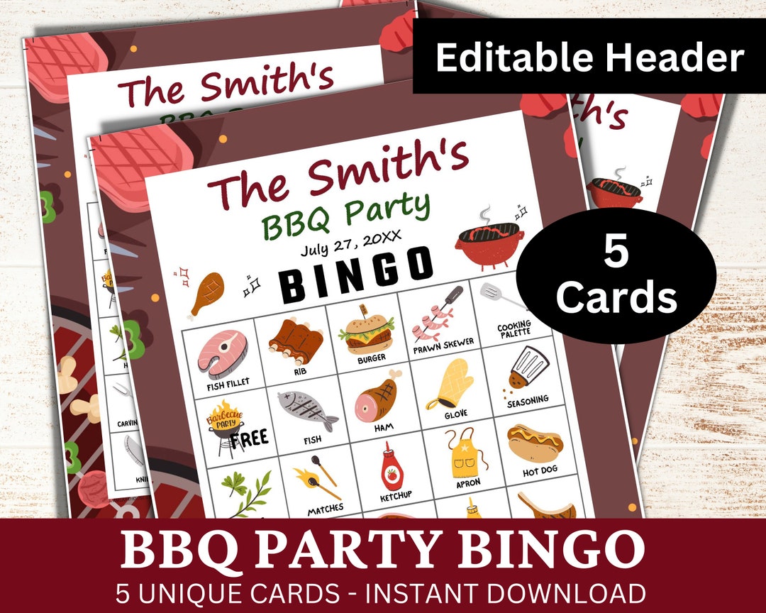 Editable Header BBQ Bingo, Birthday Gathering PDF, Food Theme Backyard ...