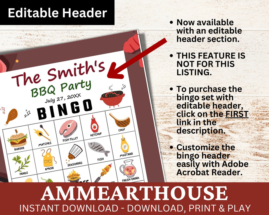 20 BBQ Time Bingo Game Cards, Barbecue Party Family Bingo, Summer ...