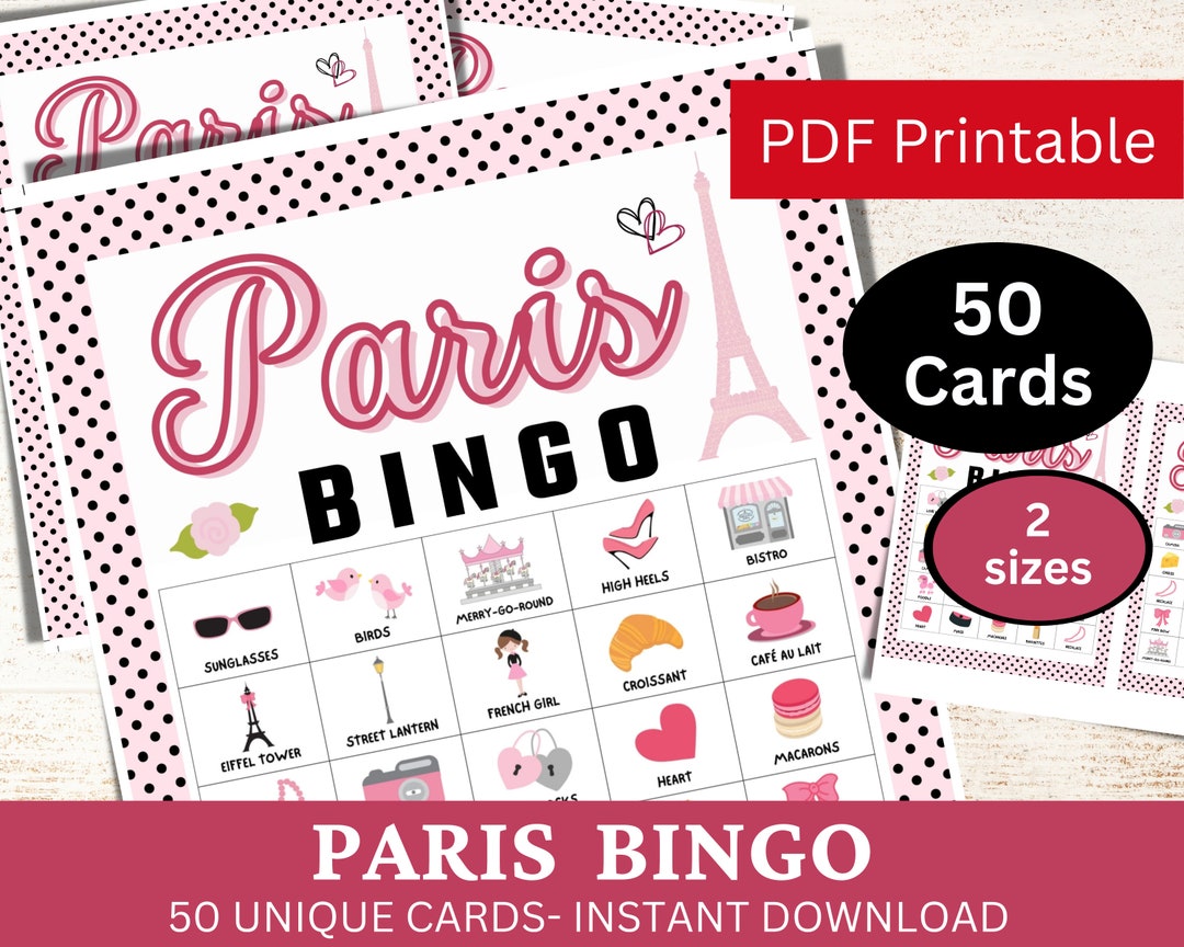 50 Paris Bingo Game Card, Fun Travel Theme Birthday Party Activity ...