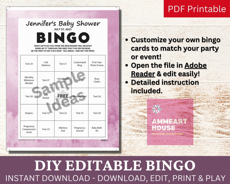 100 Editable Bingo Watercolor Violet Template PDF, DIY Fillable Game ...