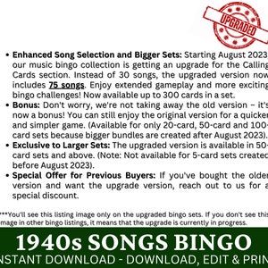 1940s Songs Bingo 50 Cards, 40s Music Bingo With Playlist for Senior ...
