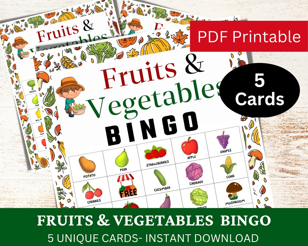 5 Fruits and Vegetables Bingo Game Card, Food Theme Party Activity, PDF ...