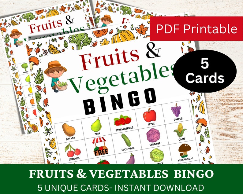 5 Fruits and Vegetables Bingo Game Card, Food Theme Party Activity, PDF ...