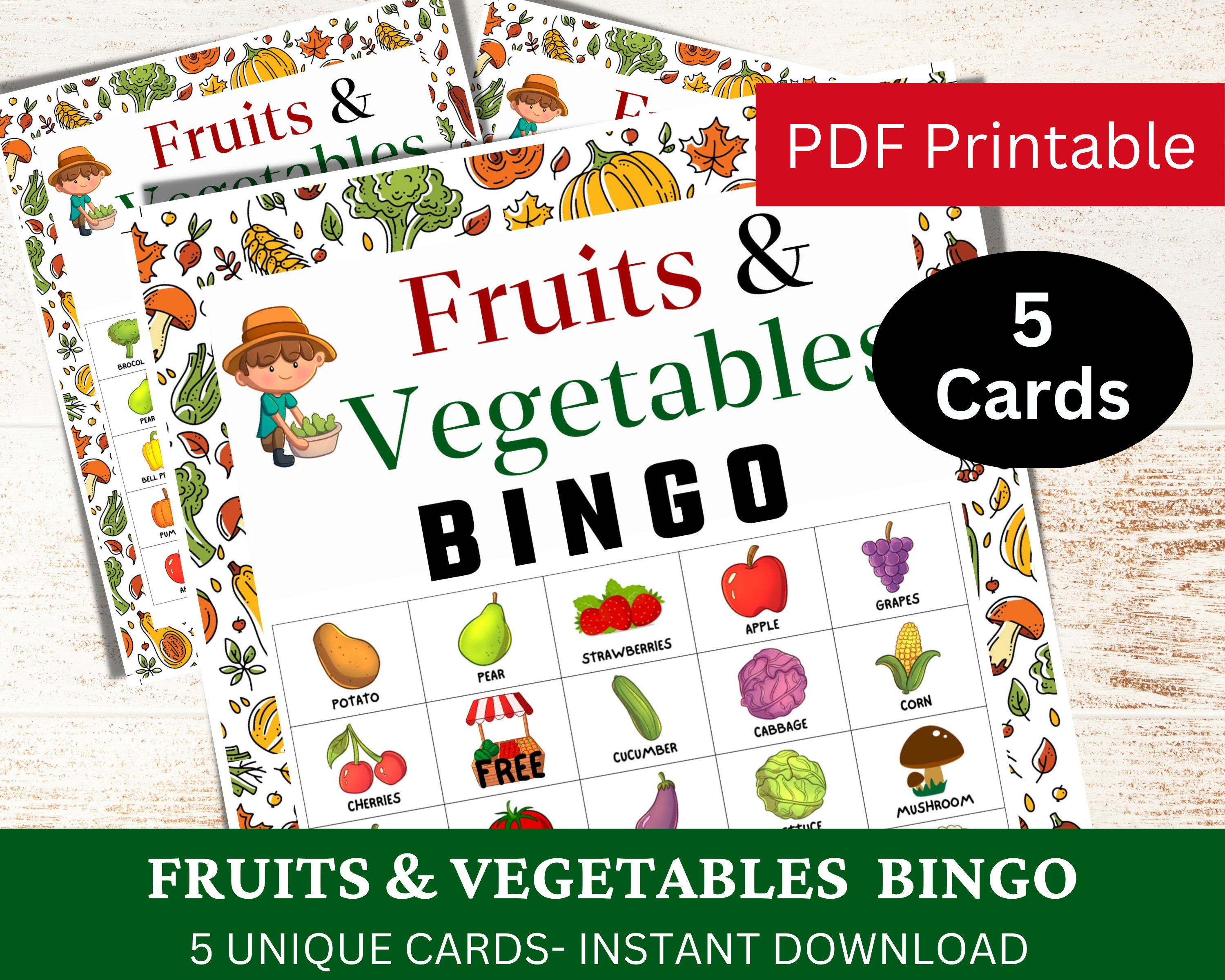 5 Fruits and Vegetables Bingo Game Card, Food Theme Party Activity, PDF ...
