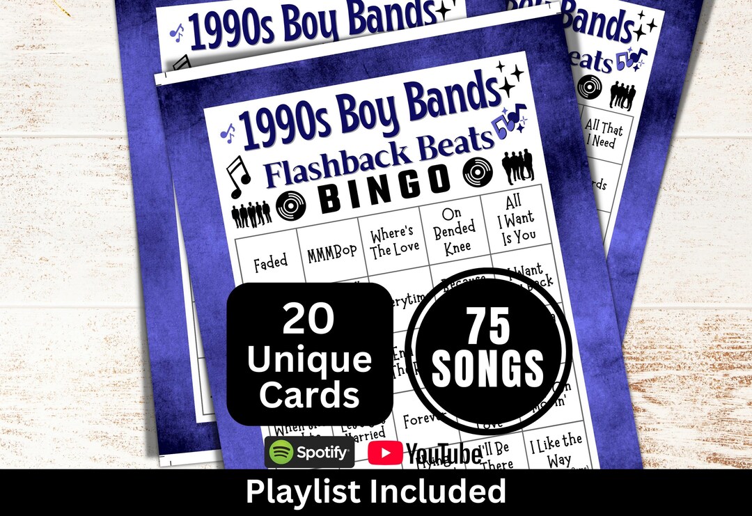 1990s Boy Bands Songs Bingo Game 20 Card, Throwback Music Bingo With ...