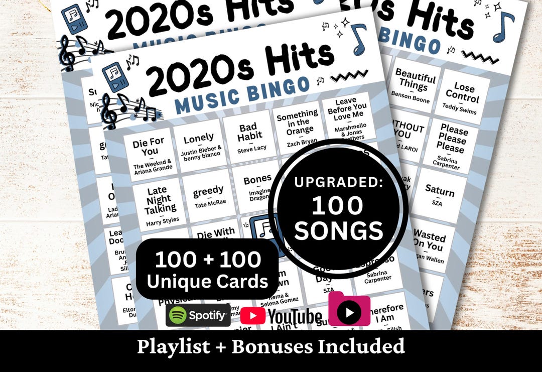 2020s Hits Music Bingo, 100 Cards, 100 Songs Playlists Included ...