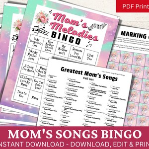 Mom's Songs Bingo Game 20 Card, Mother's Birthday Music, Mommy Party ...