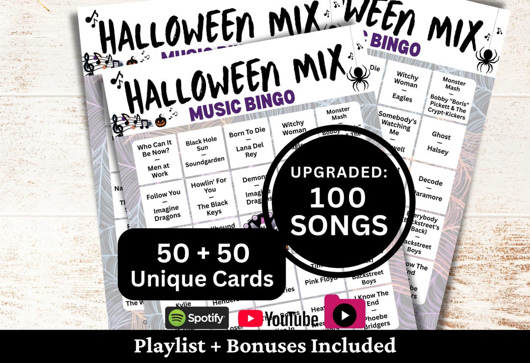 Halloween Music Bingo, 50 Cards, 100 Songs Playlists Included ...