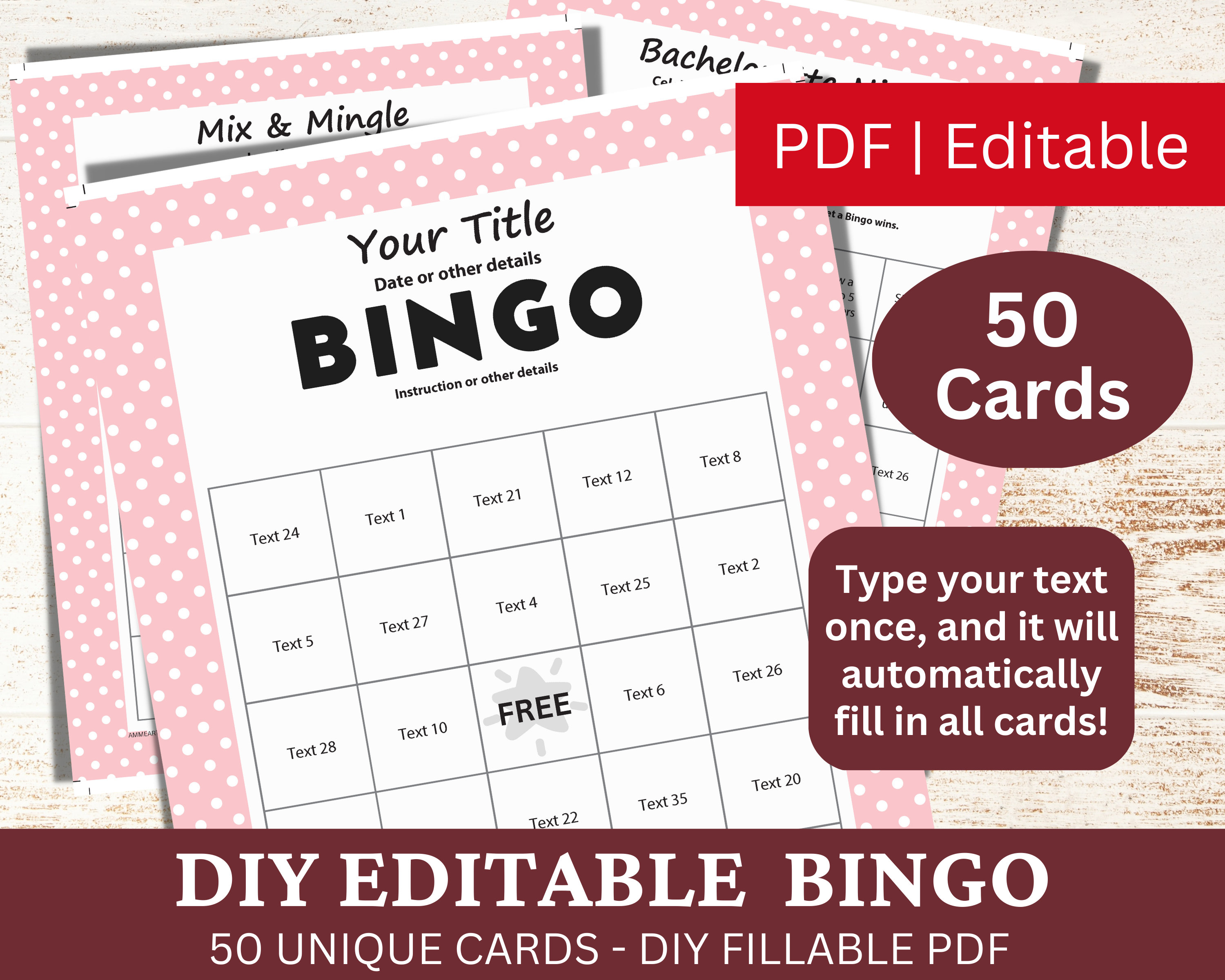 50 Editable Bingo Pastel Red Template PDF, DIY Fillable Bingo Game ...