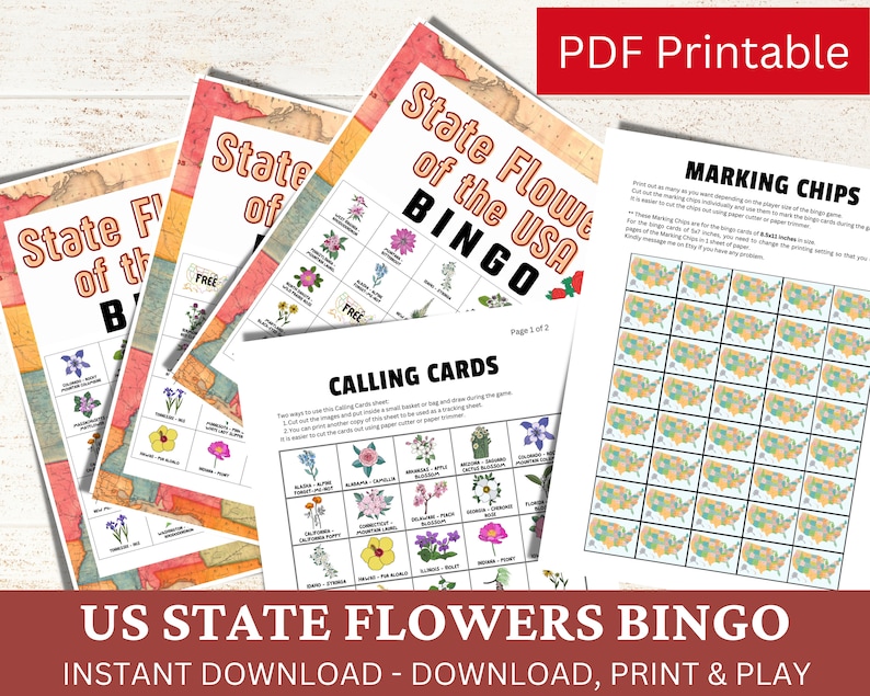 20 US State Flowers Bingo Game Card, Fun Travel Theme Road Trip ...