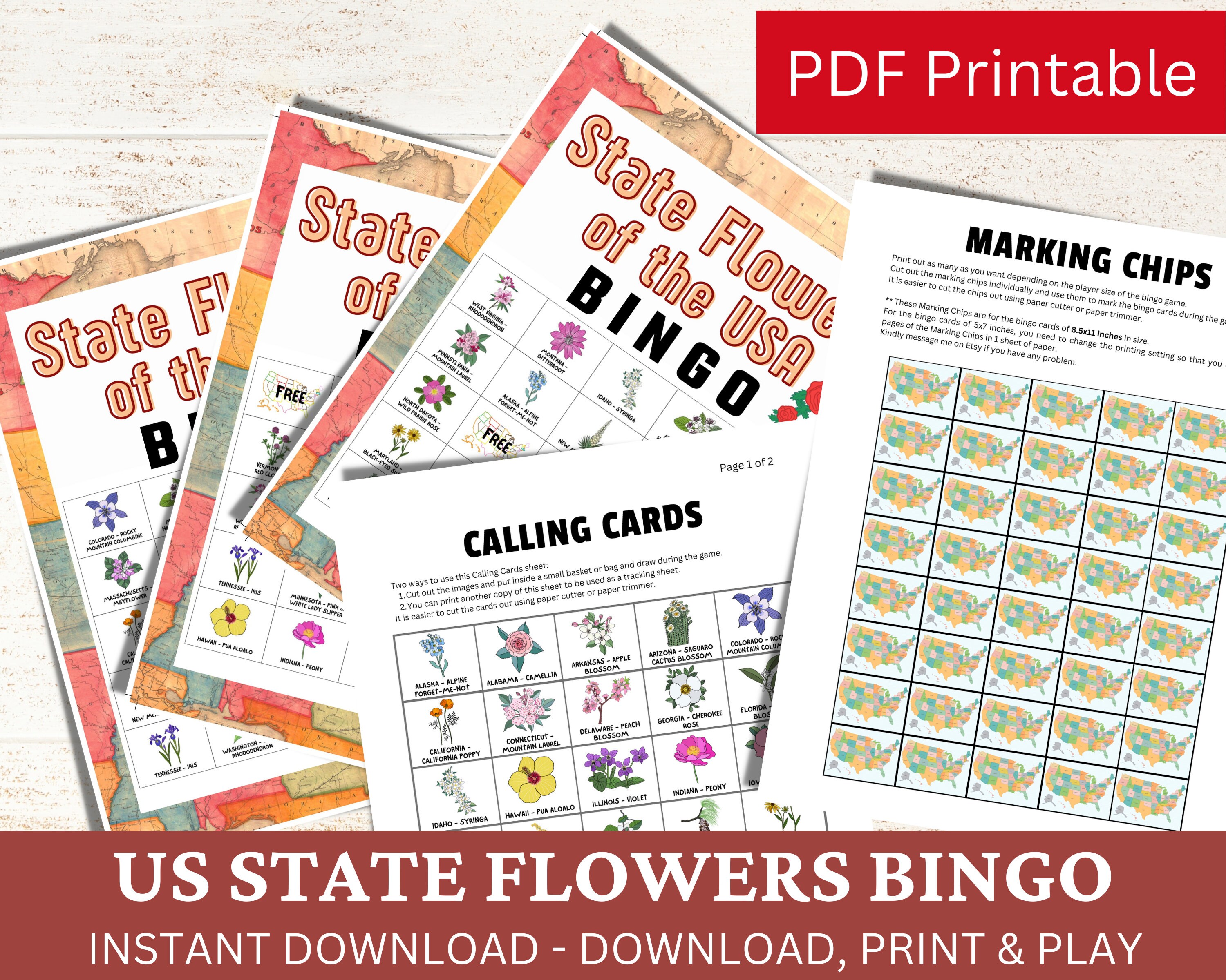 50 US State Flowers Bingo Game Card, Fun Travel Theme Road Trip ...