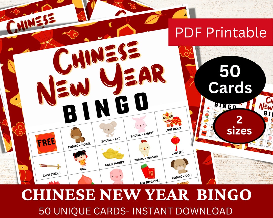 50 Chinese New Year Bingo Game Card, Lunar New Year Theme Party ...